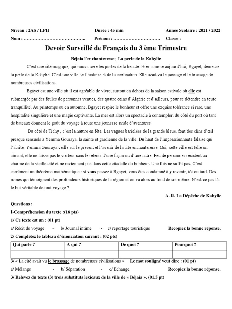 Devoir 3 - 2AS Le Reportage Touristique Et Le Récit de Voyage | PDF | Études des langues étrangères