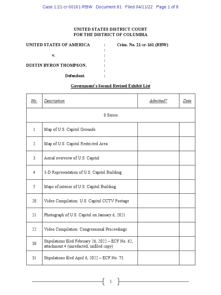 Exhibit List Dustin Thompson Trial | PDF
