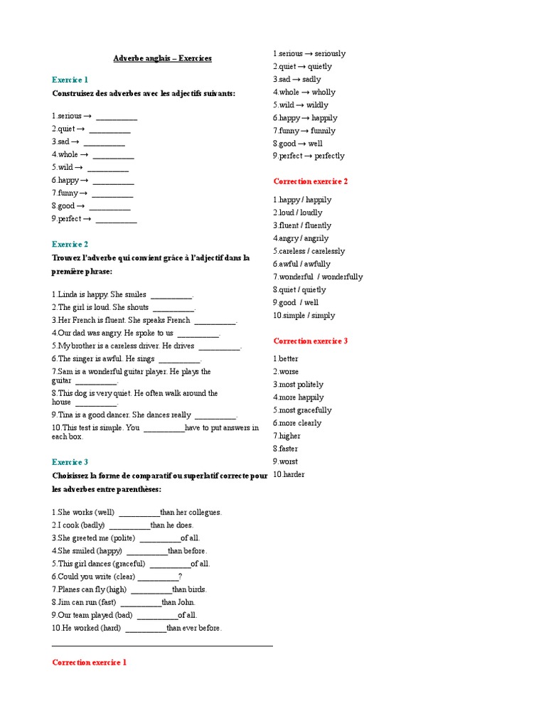 Adverbe Anglais Exercice | PDF