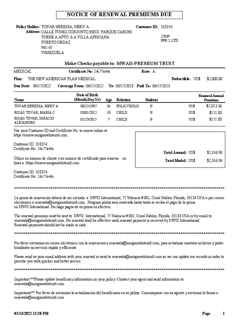 Notice of Renewal Premiums Due: Make Checks Payable To: MWAII-PREMIUM ...