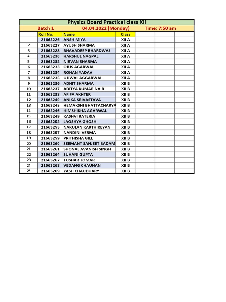 Physics Board Practical Class XII: Batch 1 04.04.2022 (Monday) Time: 7:50 Am | PDF