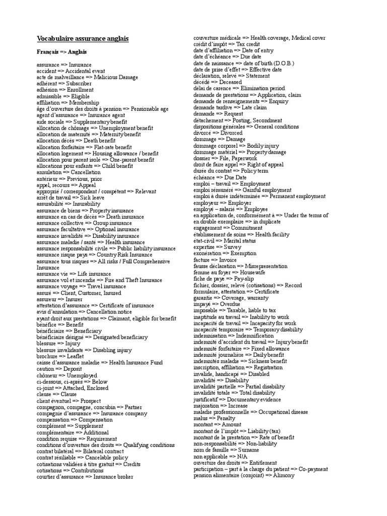Vocabulaire Assurance Anglais | PDF | Life Insurance | Insurance