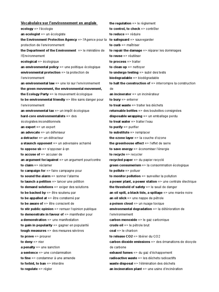 Vocabulaire Environnement Anglais | PDF | Déchets | Environnement naturel