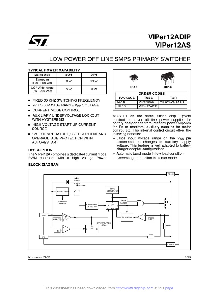 Viper12Adip Viper12As: Low Power Off Line Smps Primary Switcher | PDF | Mosfet | Power Supply