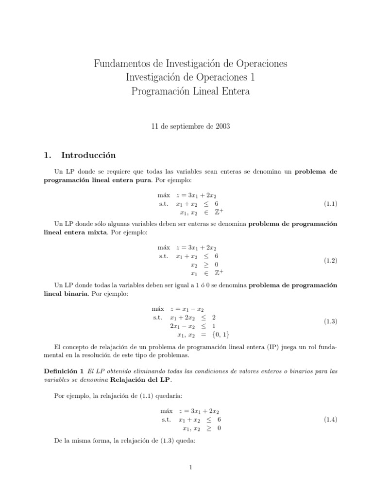 Programación Lineal Entera: Ejemplos y Modelos | PDF | Programación ...
