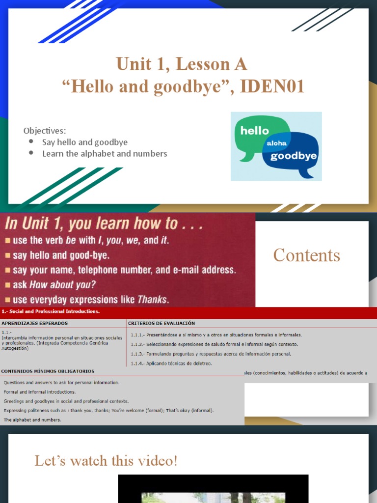 Unit 1, Lesson A "Hello and Good-Bye", IDEN01 | PDF | Self-Improvement