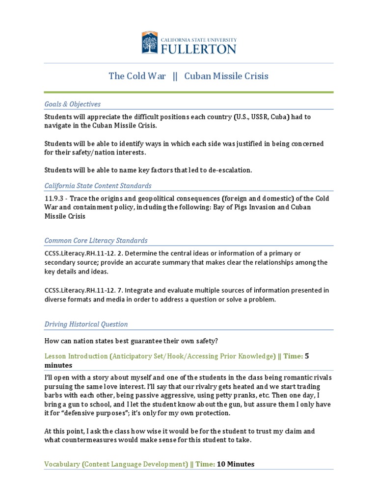 Cuban Missile Crisis Lesson Plan | PDF | Cuban Missile Crisis | Cognition