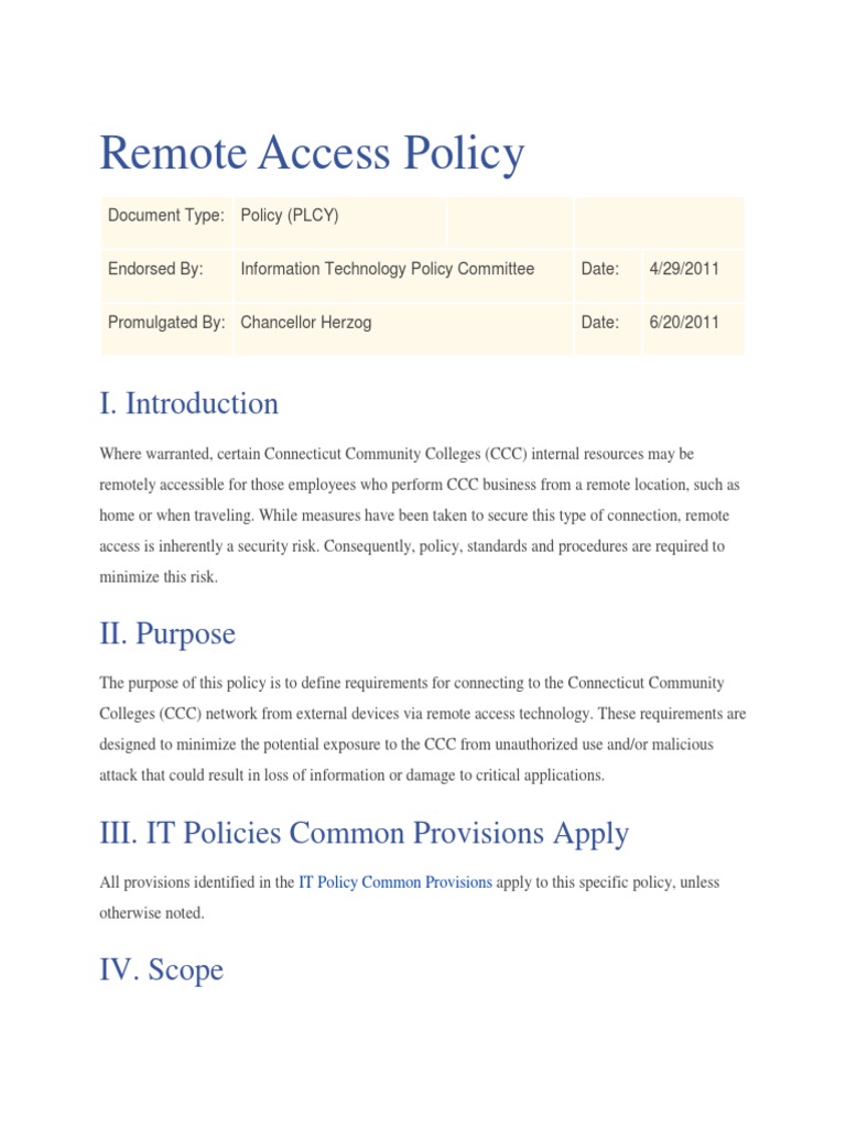 Remote Access Policy | Download Free PDF | Computer Network | Employment