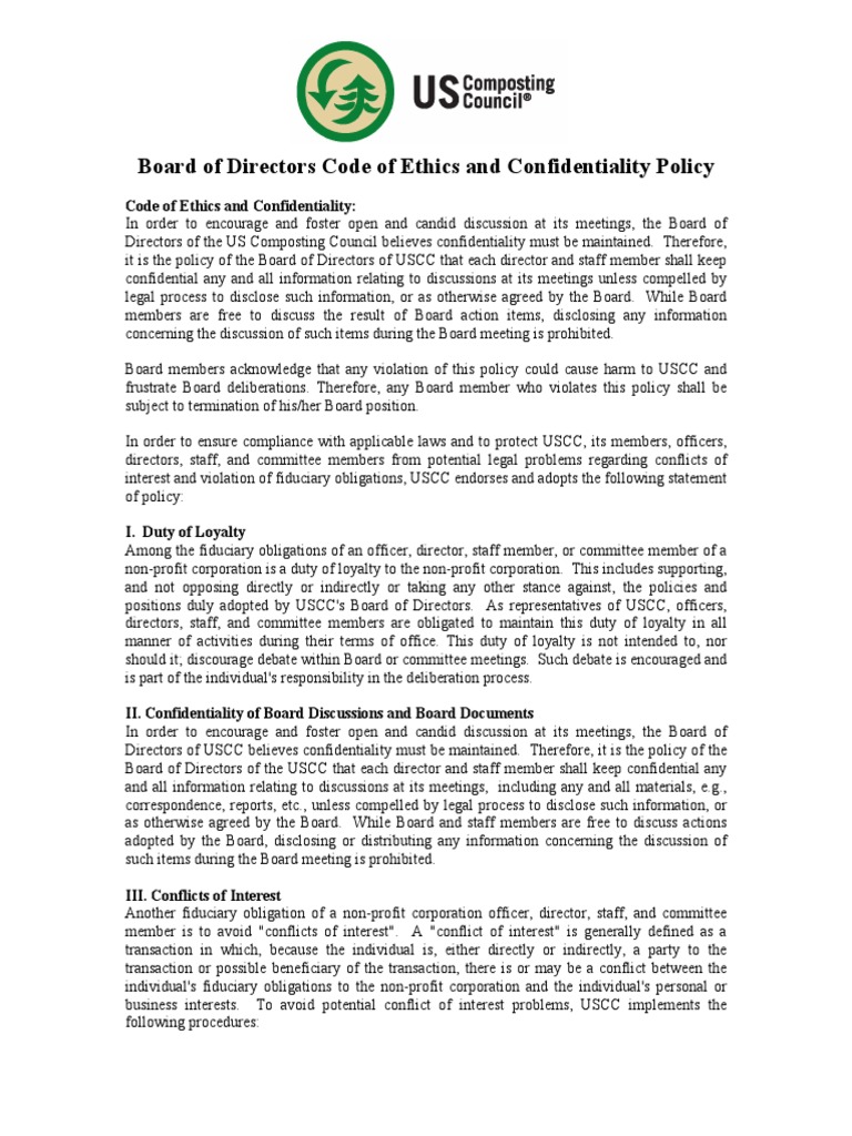 Board of Directors Confidentiality Policy Agreement Template-64514 ...