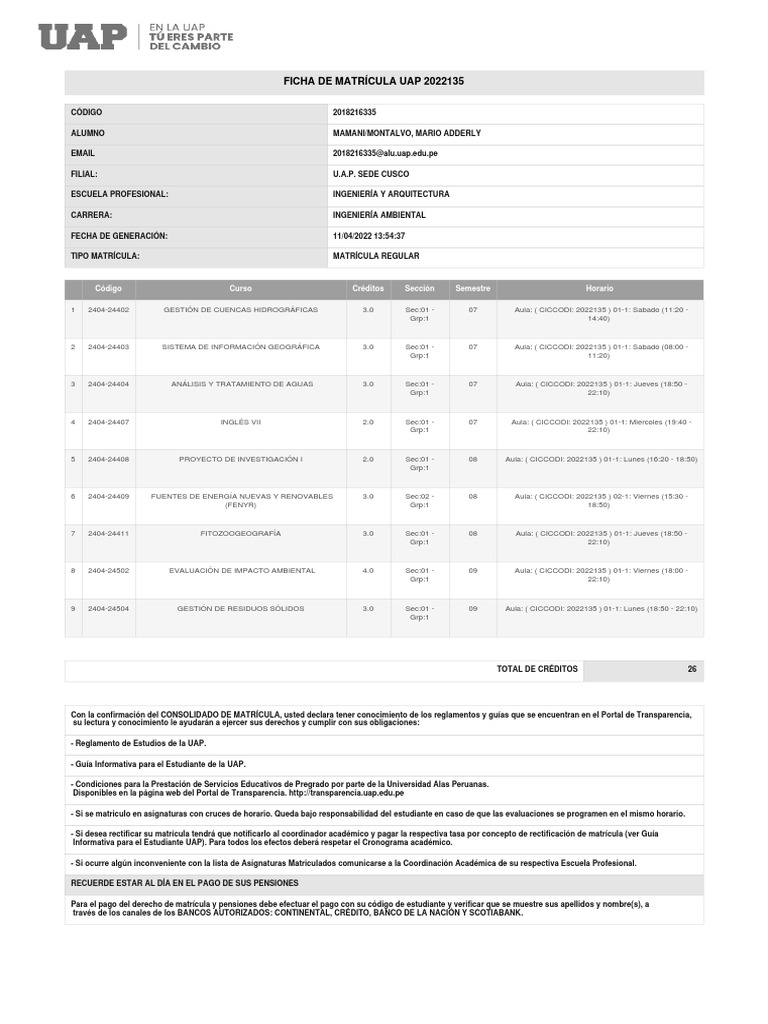 Ficha de Matrícula Uap 2022135: Código Curso Créditos Sección Semestre Horario | PDF