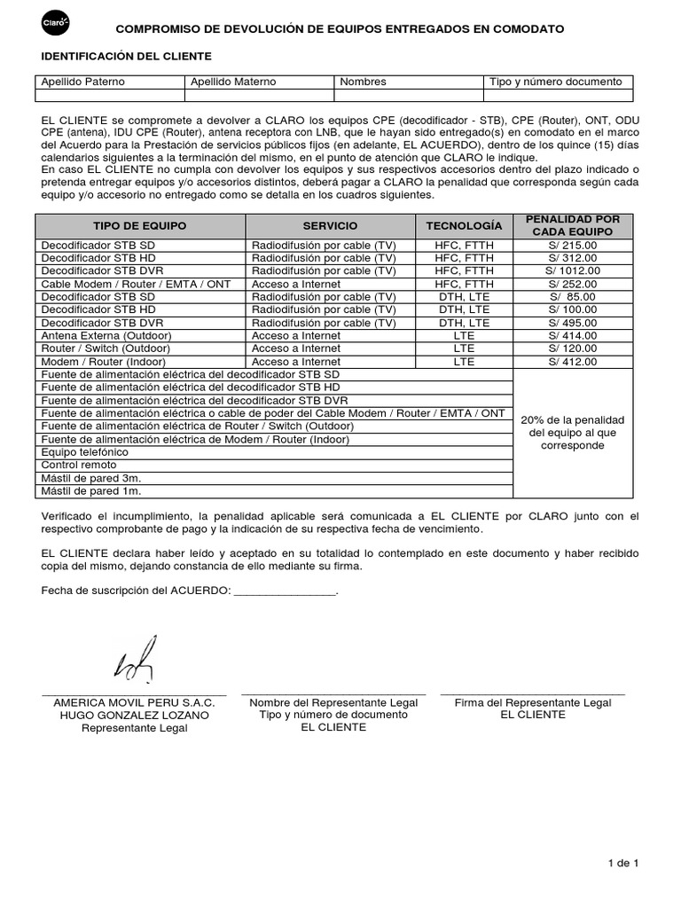 Compromiso de Devolucion de Equipos | Descargar gratis PDF | Fijar la caja de encima ...