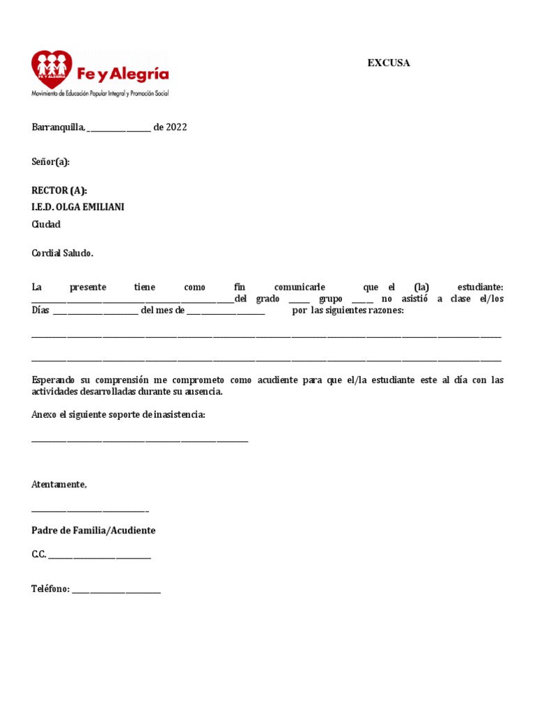 Excusa de Inasistencia Escolar | PDF