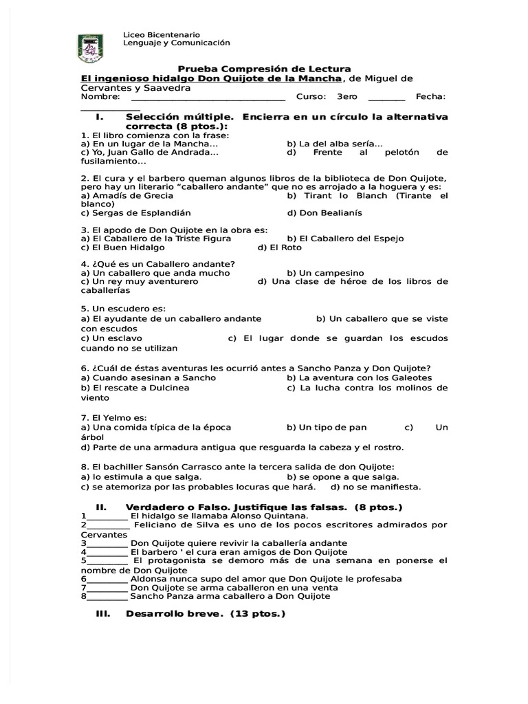 Prueba Comprensión Lectora El Quijote | PDF | Caballería | Código de ...