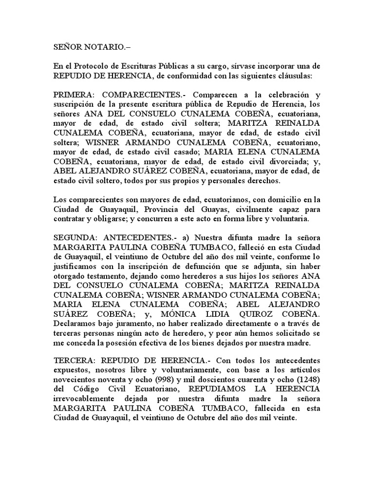 Minuta Repudio De Herencia Pdf Herencia Ecuador
