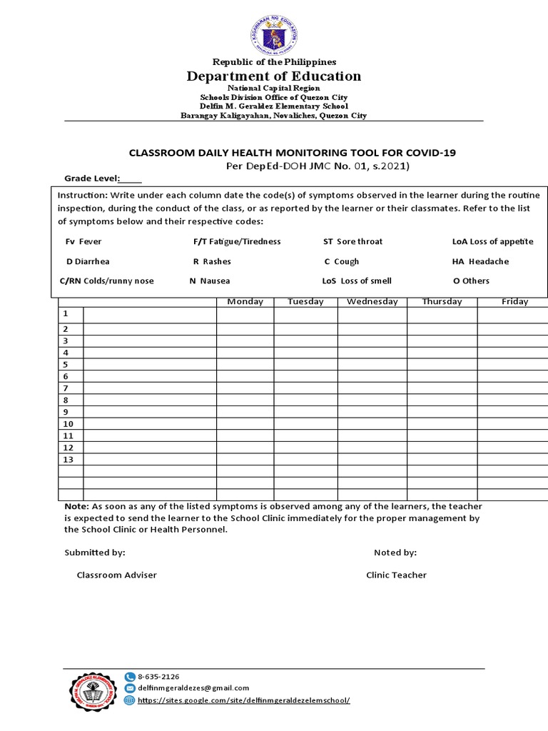 Department of Education: Classroom Daily Health Monitoring Tool For ...