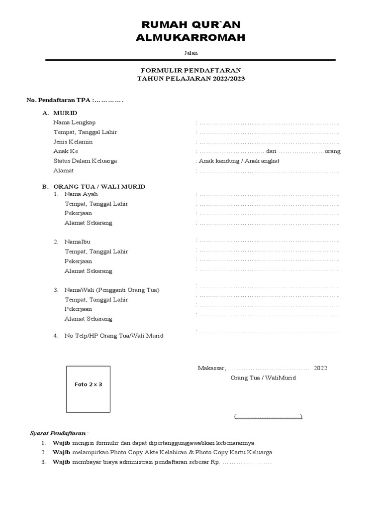 Format Formulir Pendaftaran Tpa | PDF
