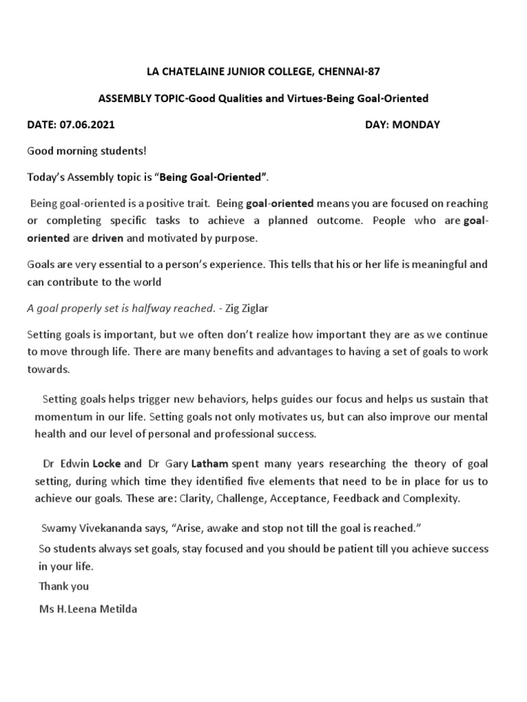 Good Morning Students! Today's Assembly Topic Is "Being Goal-Oriented ...