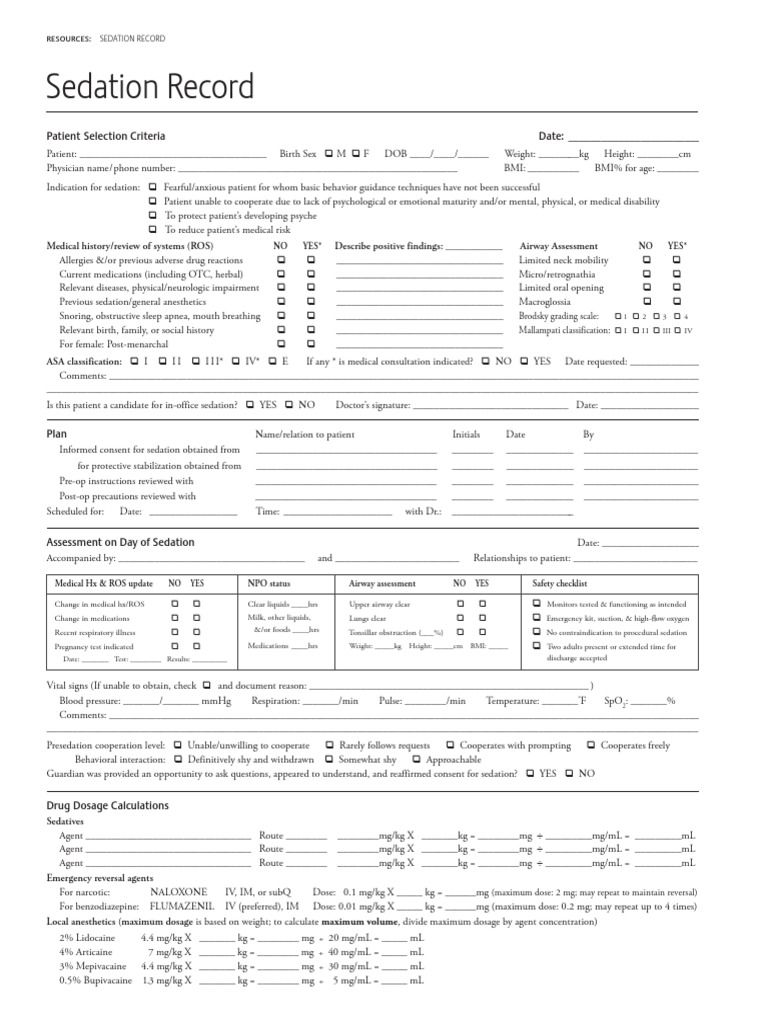 Sedation Record: Patient Selection Criteria Date | PDF | Anesthesia ...