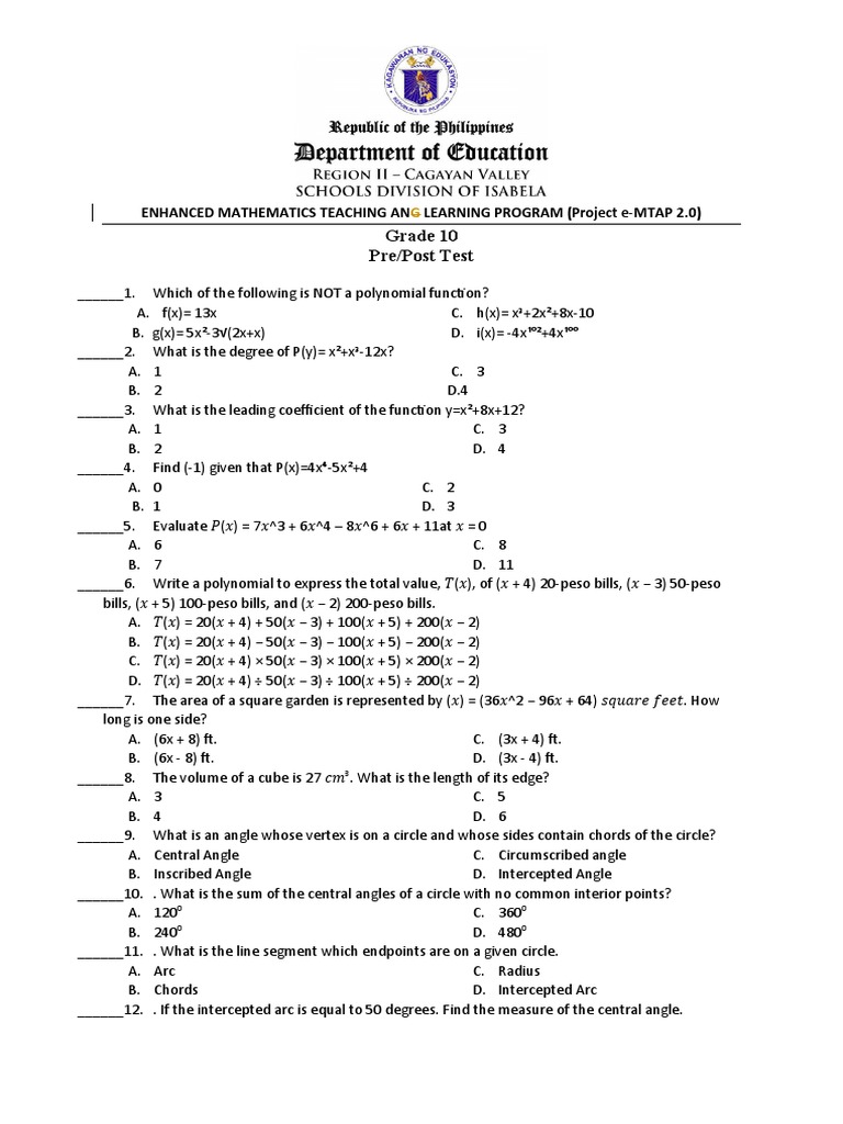MTAP Quarter 2 Pre Post Test Grade 10 | PDF | Circle | Angle