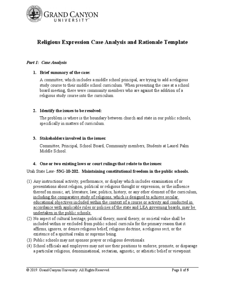 Religious Expression Case Analysis and Rationale Template | PDF ...