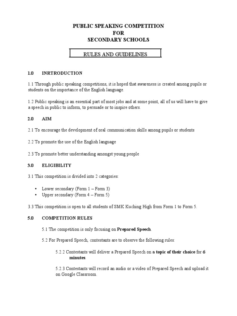 Public Speaking Competition FOR Secondary Schools: Rules and Guidelines ...