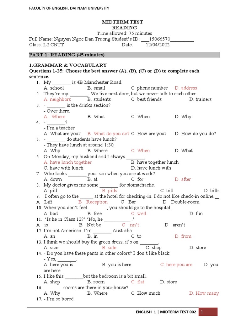English Midterm Test: Reading Section | PDF | Ticket (Admission ...