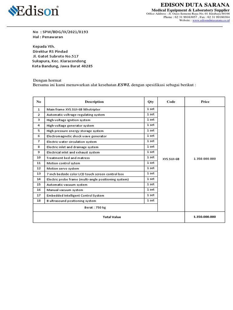 Penawaran Alat Kesehatan ESWL Bandung | PDF