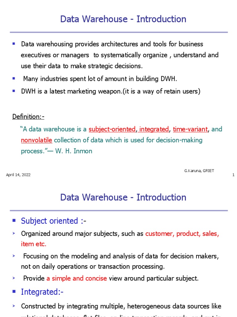 Data Warehouse - Introduction: Subject-Oriented Integrated Time-Variant ...