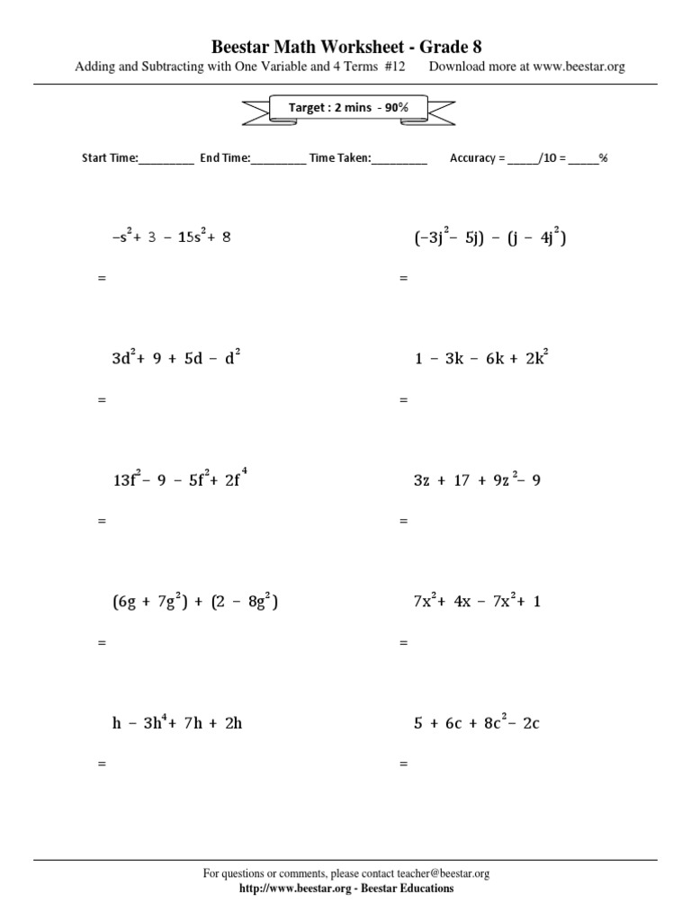 Grade 8 Algebra Worksheet: Beestar | PDF