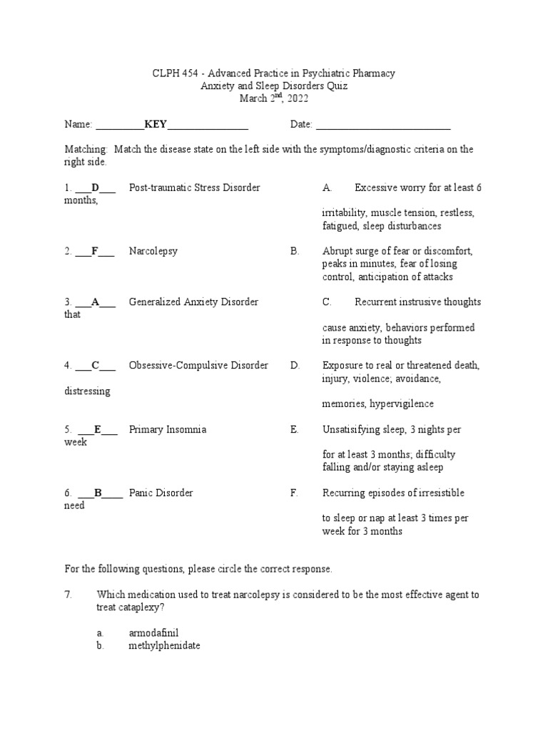 Quiz Answer Key - Anxiety and Sleep Disorders | PDF
