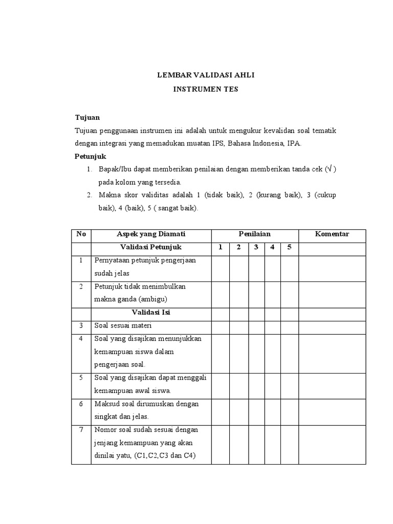Lembar Validasi Kevalidan Soal Tematik | PDF