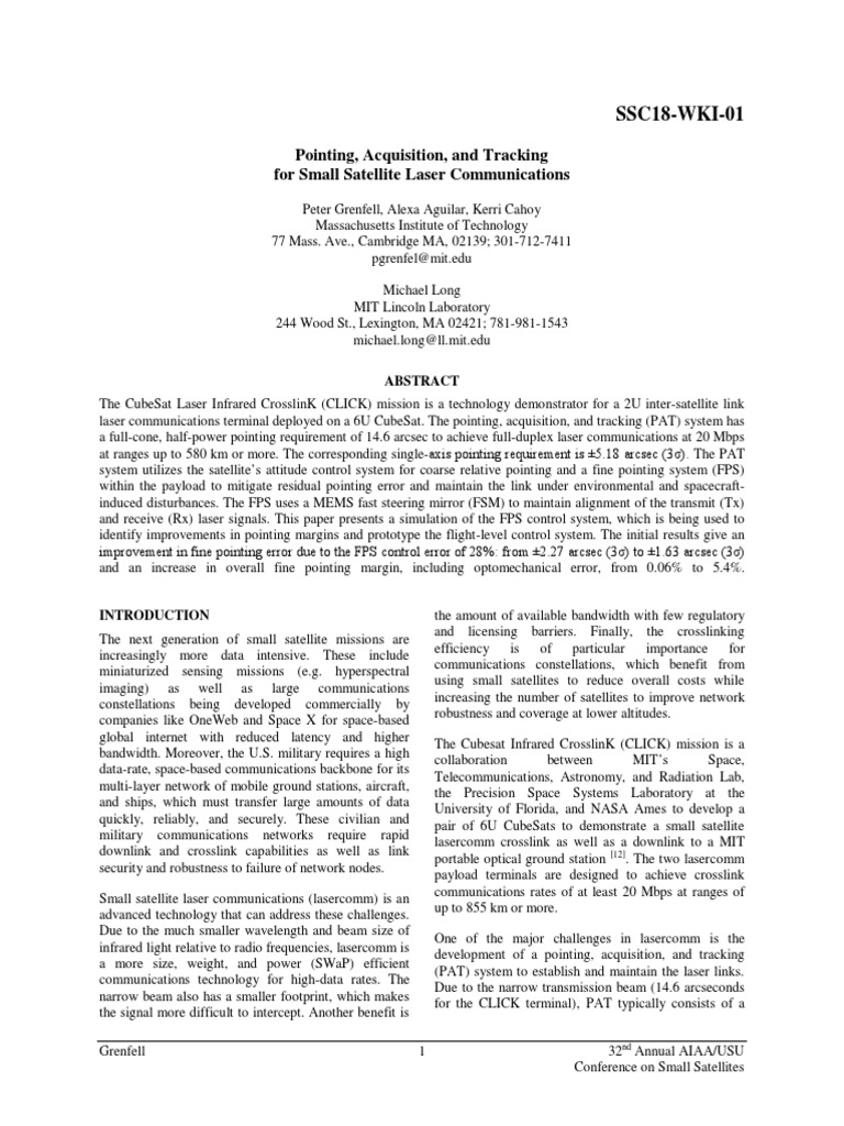 Pointing Acquisition and Tracking For Small Satellite Laser Com | PDF ...
