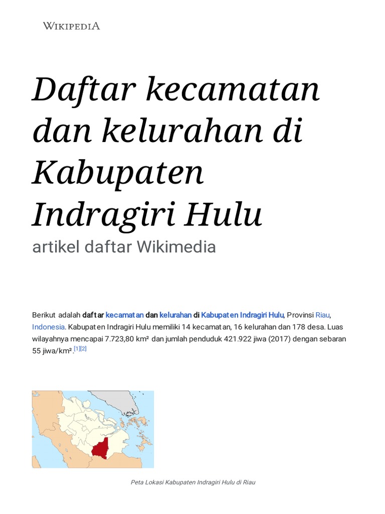 Daftar Kecamatan Dan Kelurahan Di Kabupaten Indragiri Hulu - Wikipedia Bahasa Indonesia ...