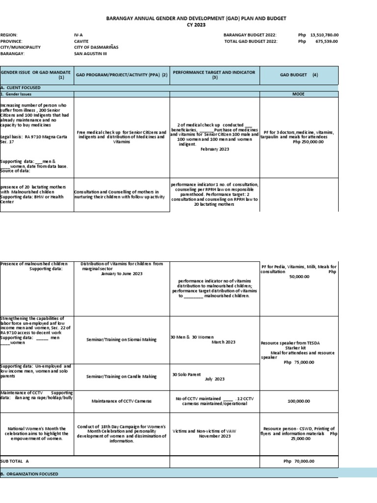 Barangay Annual Gender and Development (Gad) Plan and Budget CY 2023 | PDF