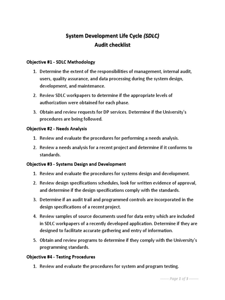 System Development Life Cycle - Audit Checklist | PDF