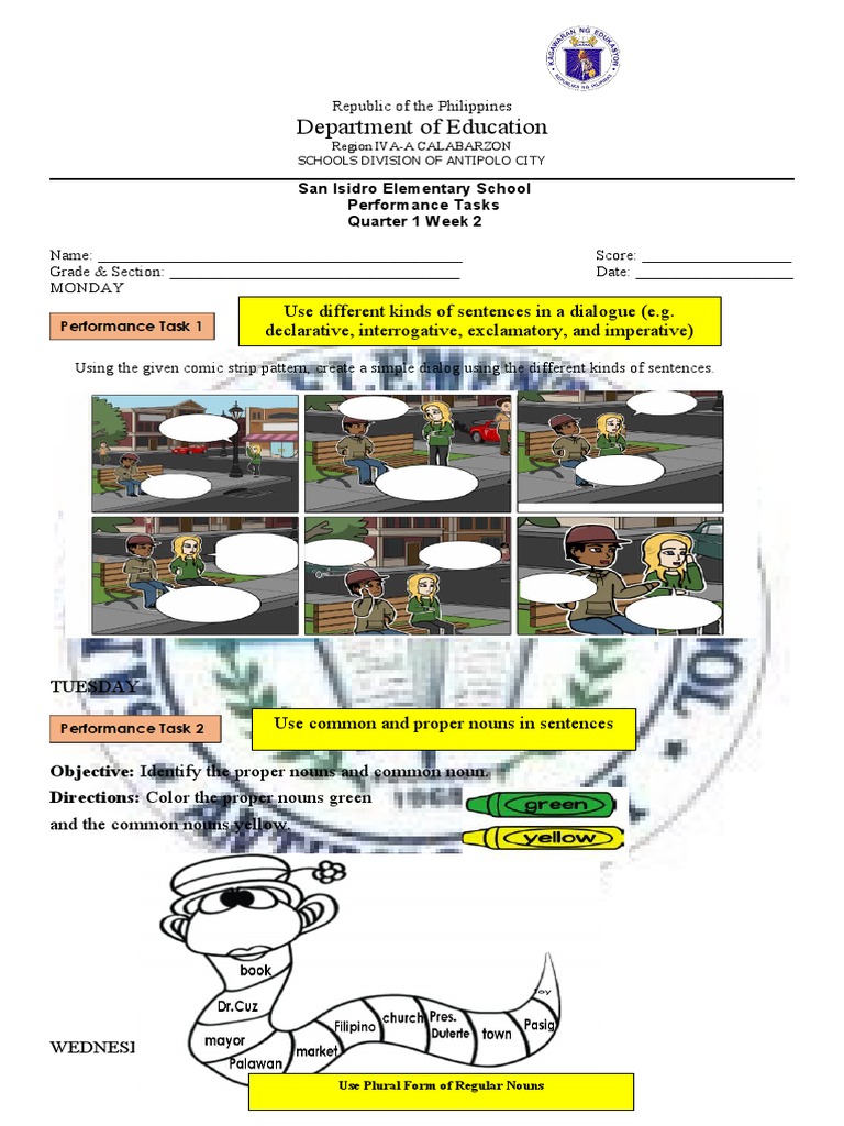 English Quarter 1week 2 - Performance Tasks | PDF | Plural | Noun
