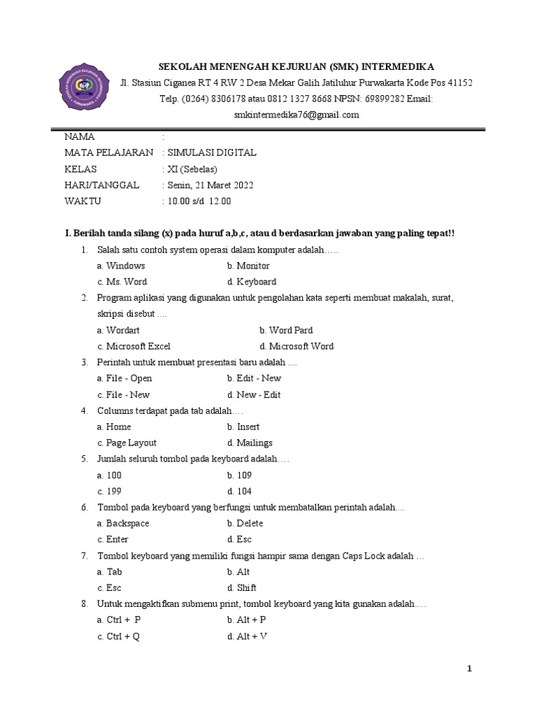 Soal Pas Simdig Kelas Xii 2021-2022 | PDF