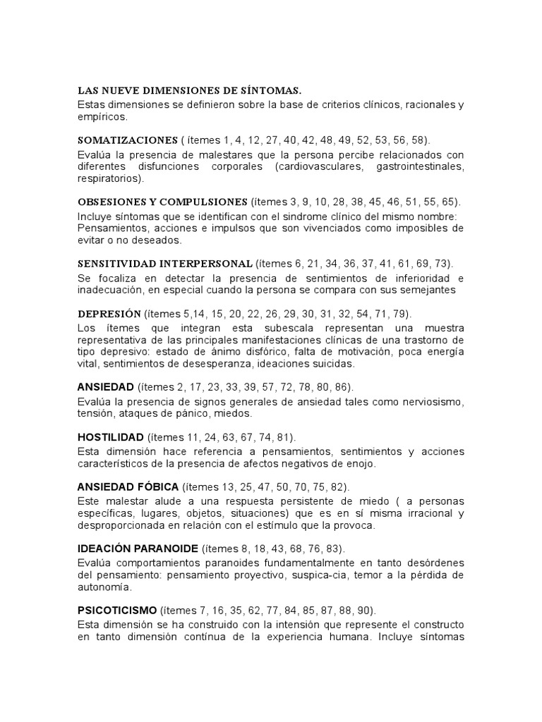 SCL-90-R: Dimensiones de síntomas | PDF
