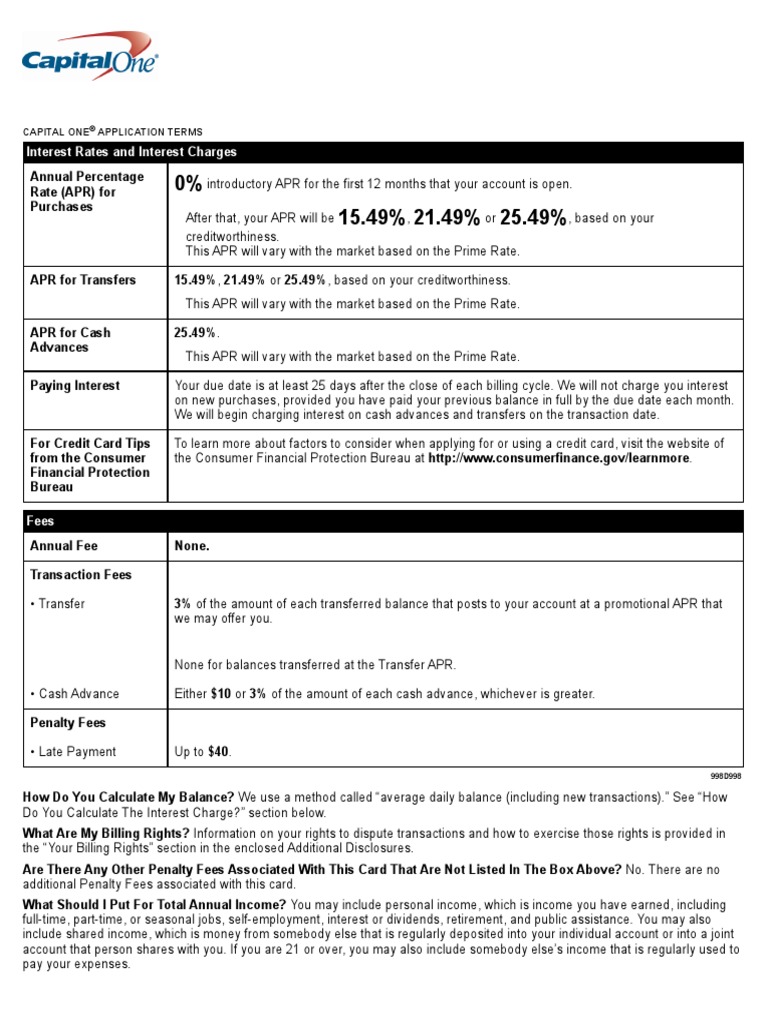 Interest Rates and Interest Charges: Capital One Application Terms ...