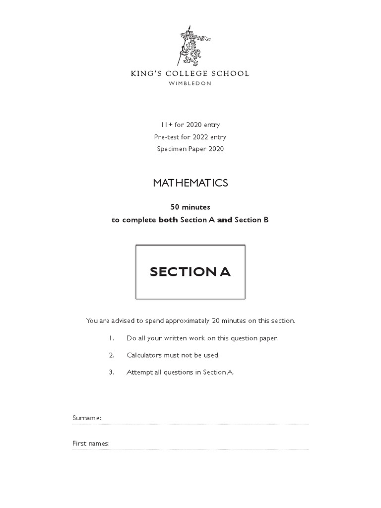 Mathematics Pre-Test: Section A Questions Covering a Wide Range of ...