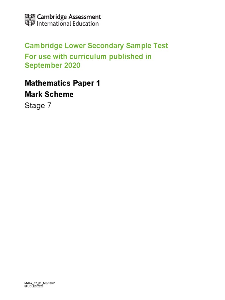 Mathematics Stage 7 Sample Paper 1 Mark Scheme - 2020 | PDF ...