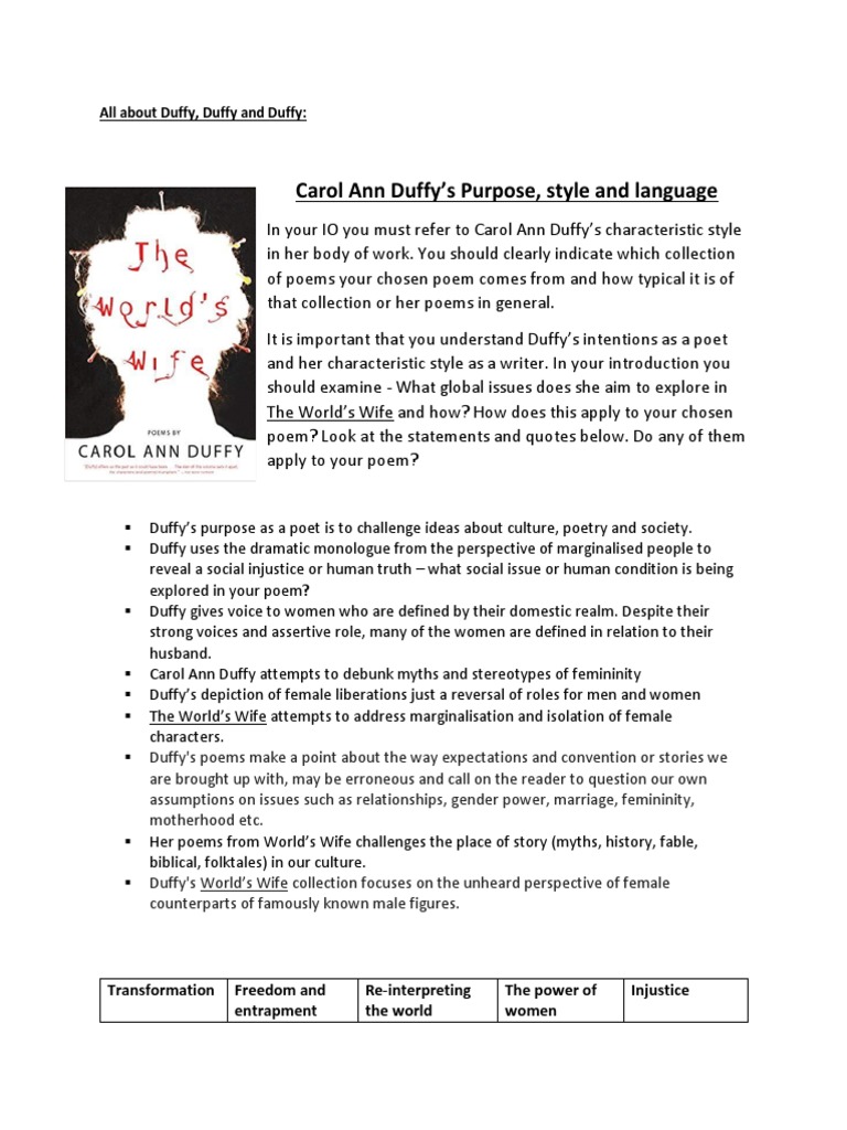 Carol Ann Duffy's Purpose, Style and Language | PDF