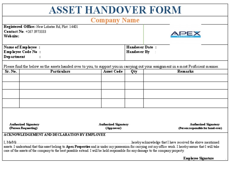 Asset Handover Form (Blank) | PDF | Business | Law