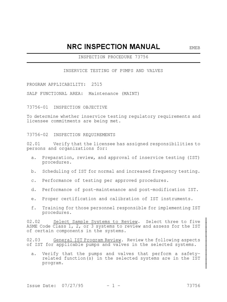 NRC Inspection Manual | Download Free PDF | Pump | Nuclear Regulatory ...