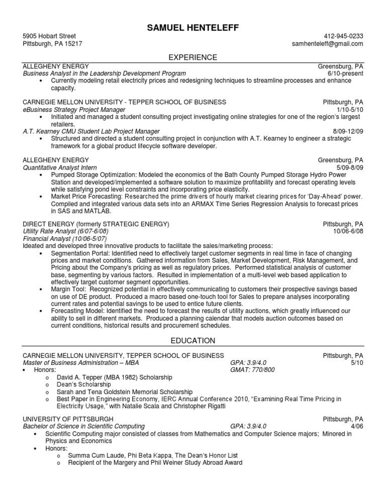 Sam Henteleff Resume | PDF | Carnegie Mellon University | Marketing
