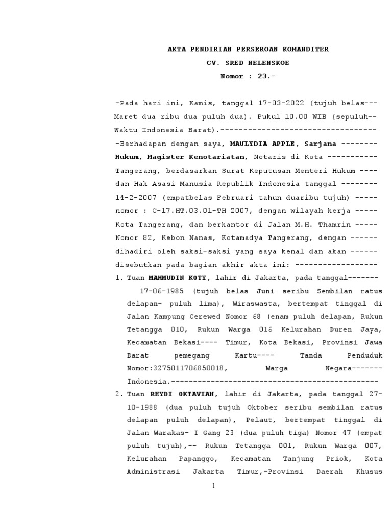 Akta Pendirian Perseroan Komanditer CV Sred | PDF