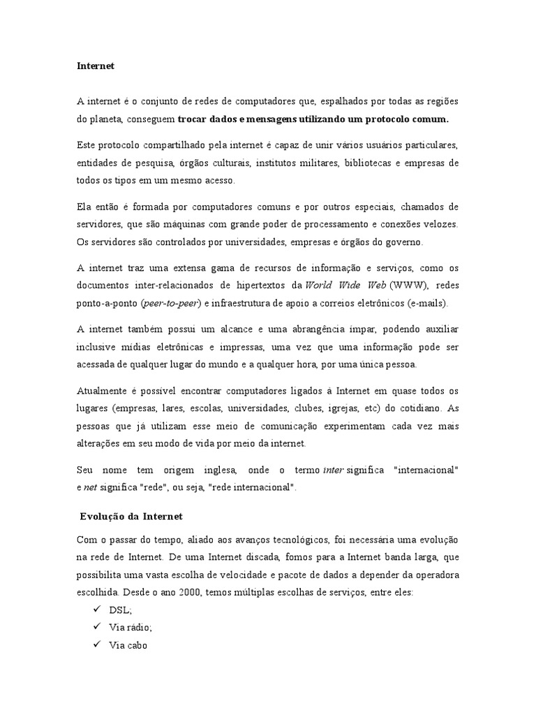 Trabalho Internet | PDF | Internet | Rede de computadores