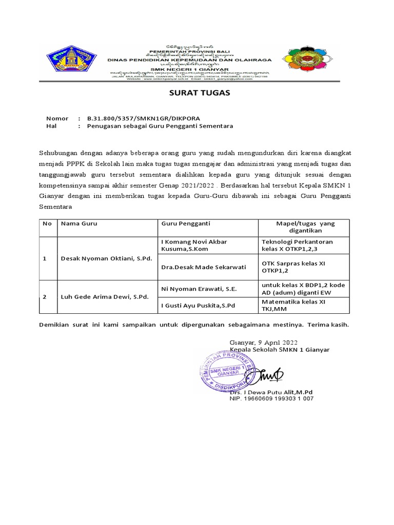 Surat Tugas Guru Pengganti Sementara | PDF