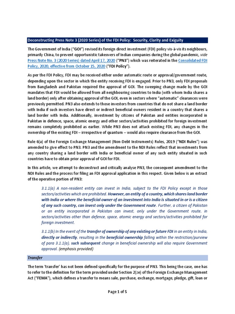 Press Note No 3 - Article | PDF | Foreign Direct Investment | Ownership