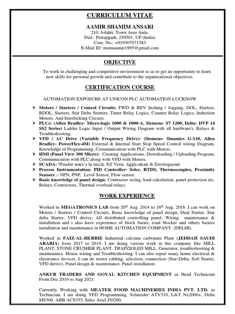 Curriculum Vitae: Aamir Shamim Ansari | PDF | Programmable Logic Controller | Engineering